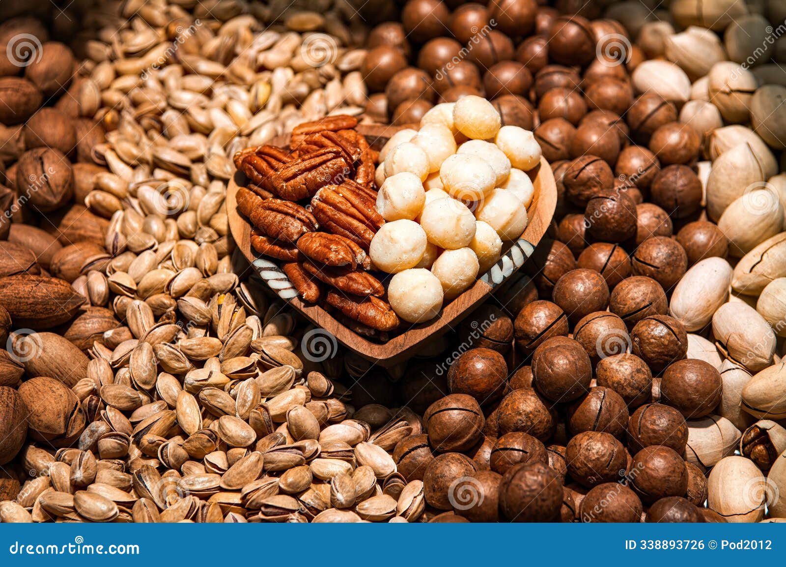 Mixed Nuts Background. Pecans, Pistachios, Macadamia Nuts in Shell and ...
