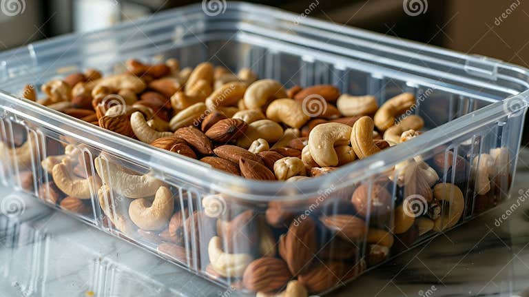 Mixed Nuts in a Plastic Container Stock Image - Image of cashews ...