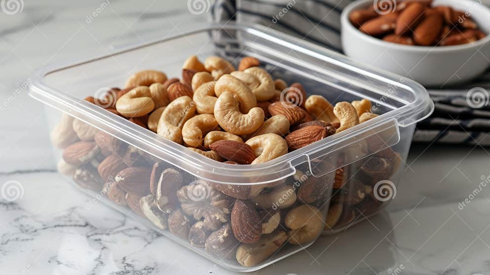 Mixed Nuts in Plastic Container Stock Photo - Image of texture, nuts ...