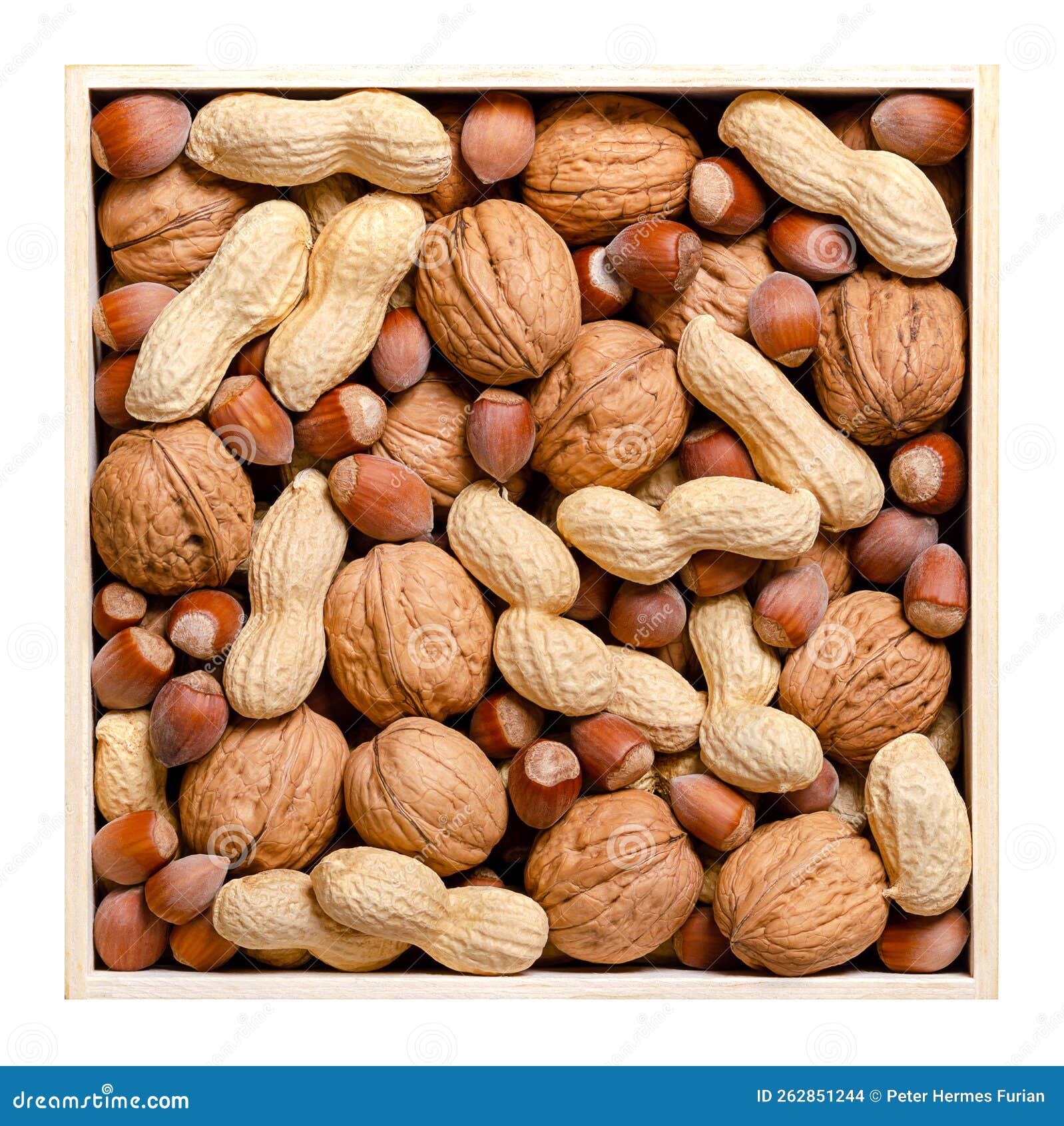 Mixed Nuts in Their Shells, Hazelnuts, Peanuts and Walnuts in a Wooden ...