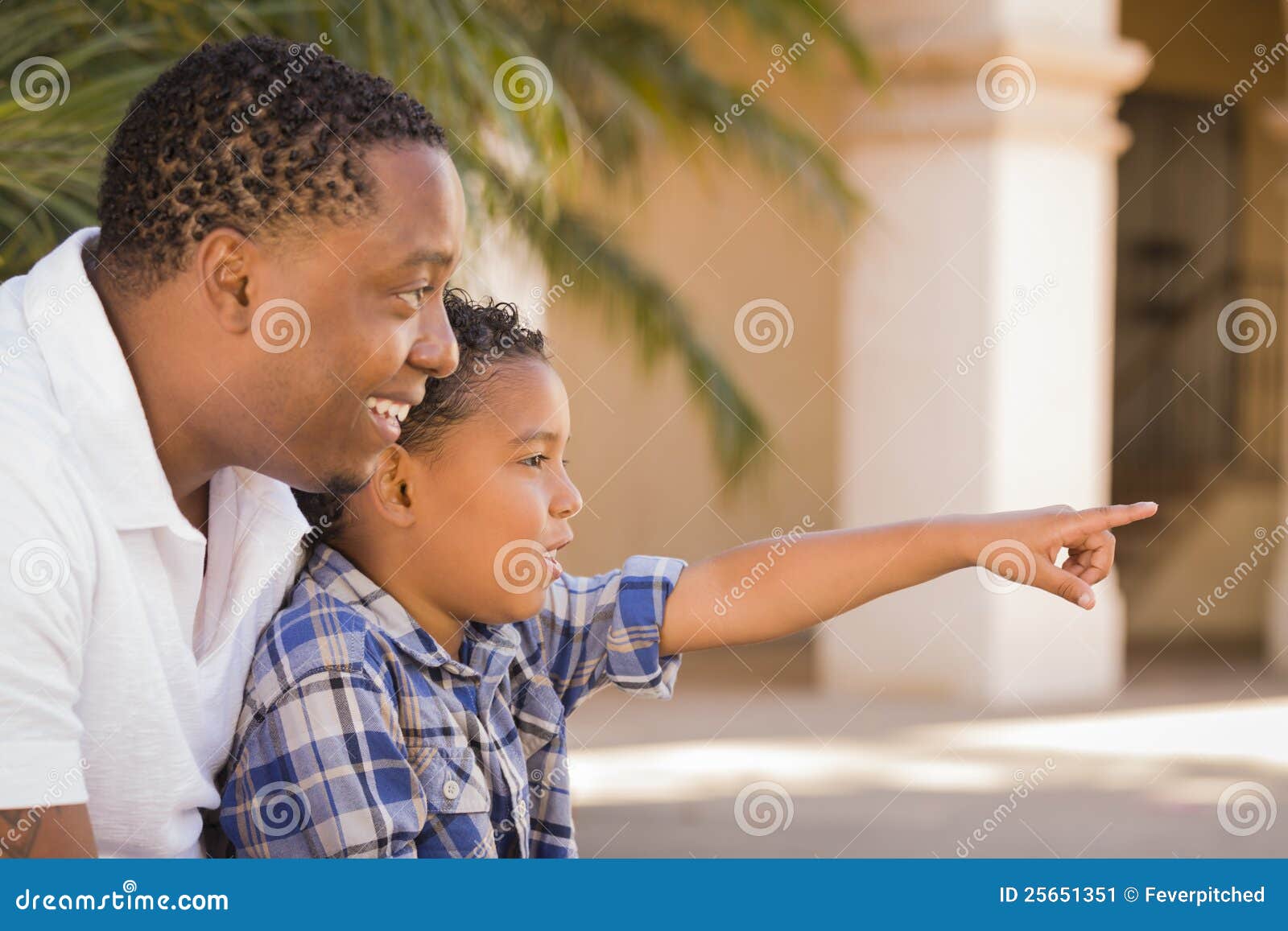 Mixed Race Father and Son Pointing in the Park Stock Image - Image of ...