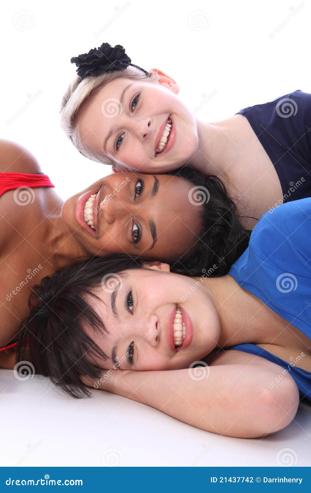 Mixed Race Happy Girls Tower of Smiling Faces Stock Photo - Image of ...