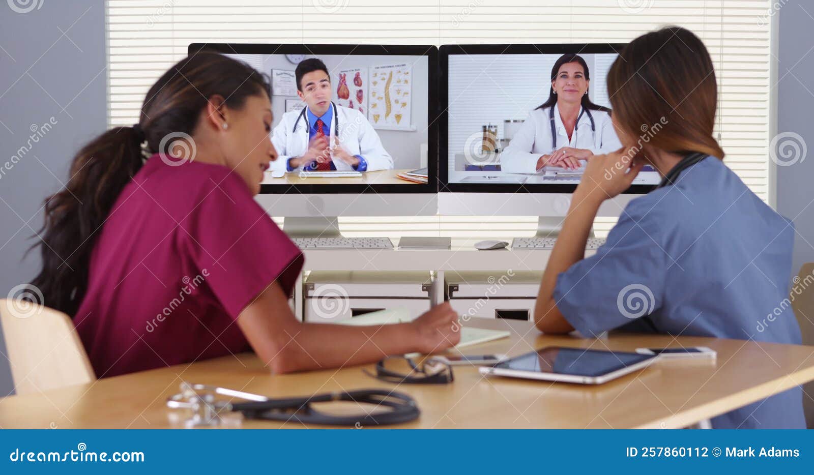 Mixed Race Team of Medical Doctors Talking Over the Internet Stock ...