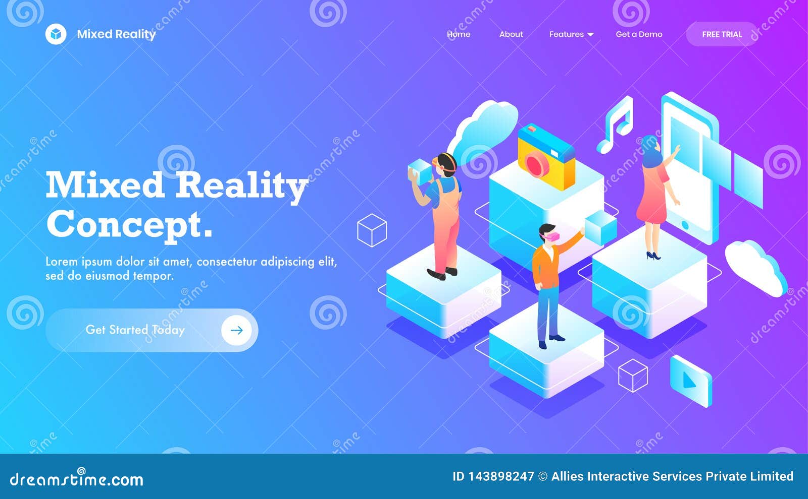 Mixed Reality Concept, Isometric Design with Smart Device, People Using ...
