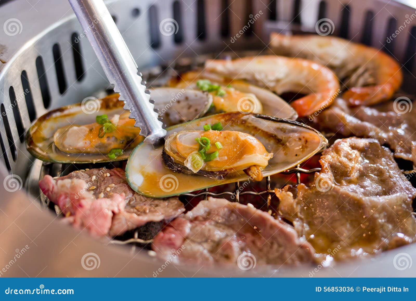 Mixed Roasted Meat and Seafood on the BBQ Grill on Roast. Stock Photo ...