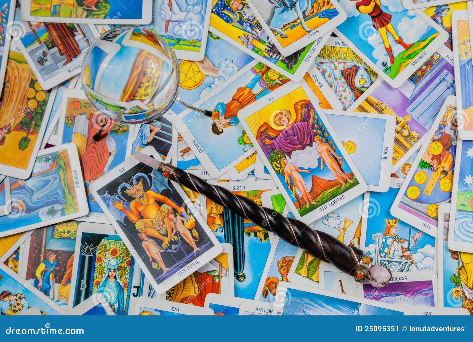Mixed Tarot Cards with a Magic Ball and Wand. Stock Image - Image of ...