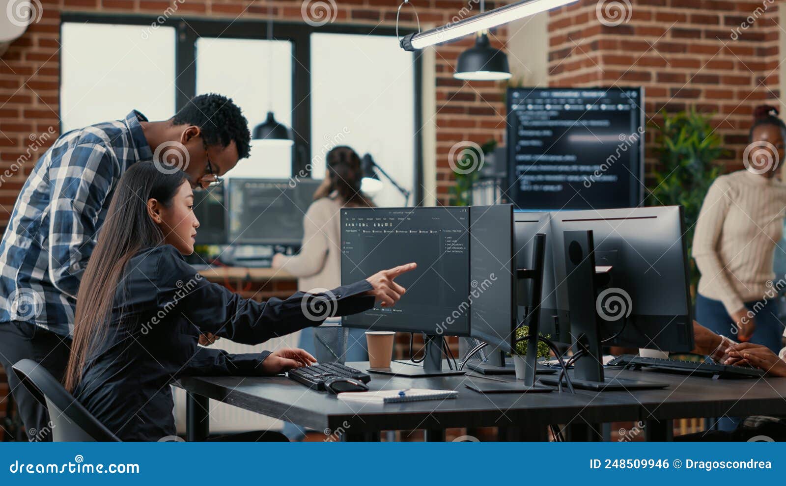 Mixed Team Of Software Developers Analyzing Source Code Pointing At Screens Comparing Algorithm 4008