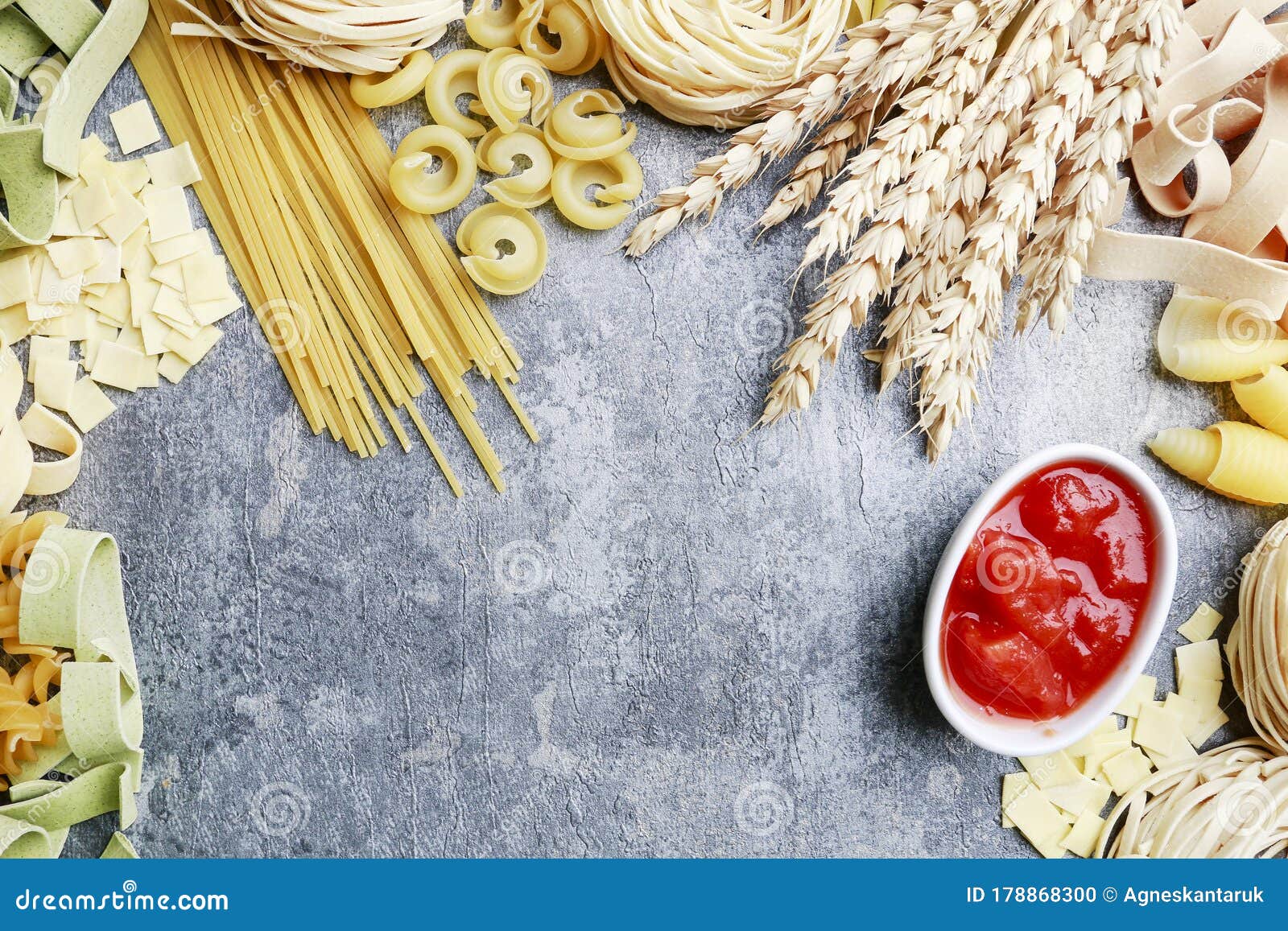 Mixed Types And Shapes Of Italian Pasta On Grey Stone, Background ...