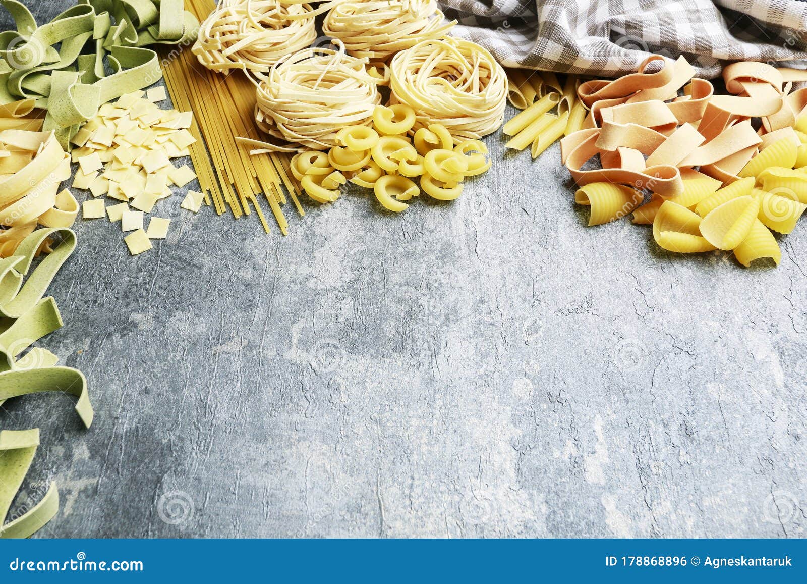 Mixed Types And Shapes Of Italian Pasta On Grey Stone, Background Stock ...
