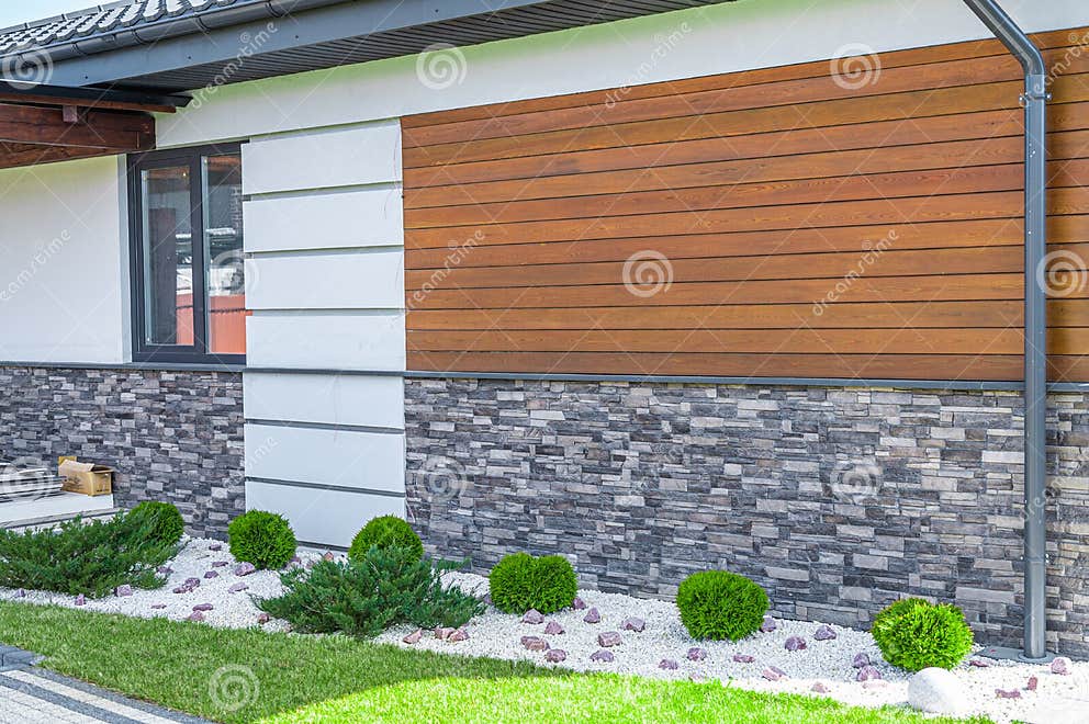 Mixed Wall Cladding of a Private House Stock Image - Image of space ...