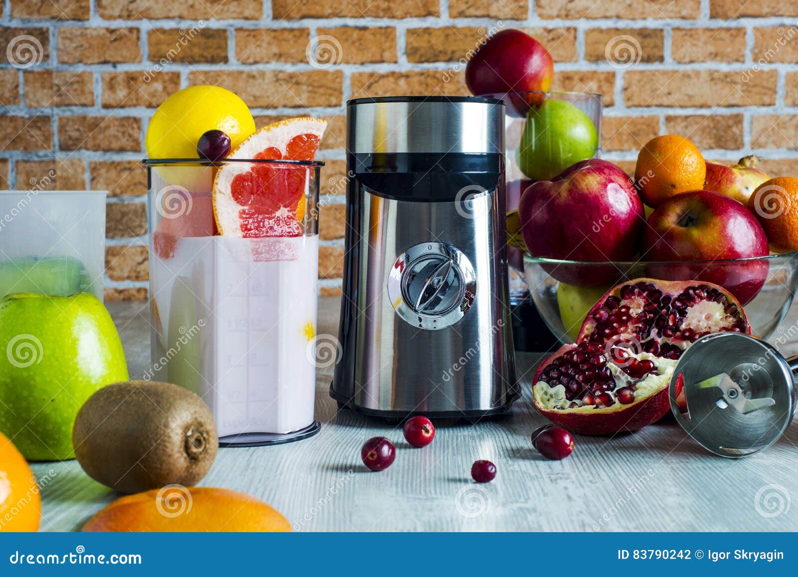 Mixer and fruit on table stock photo. Image of easy, pears - 83790242