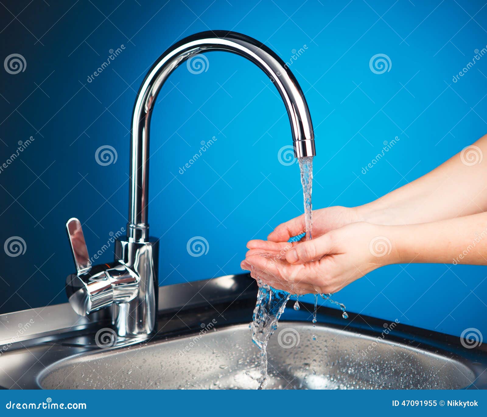Mixer Tap with Water and Washing Hands Stock Image - Image of blue ...