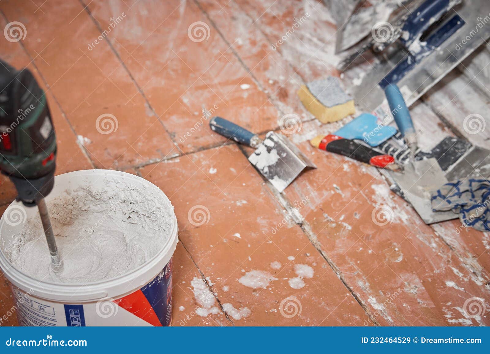 Mixes Plaster in a Construction Bucket Stock Image - Image of repair ...