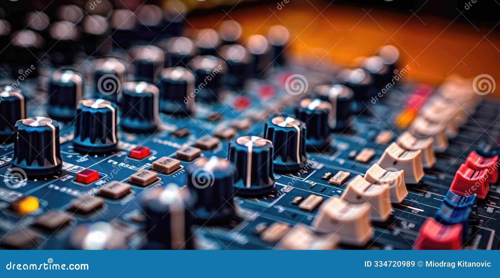 Close-up of an Audio Mixing Console with Knobs and Buttons during a ...