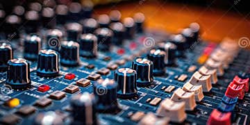 Close-up of an Audio Mixing Console with Knobs and Buttons during a ...