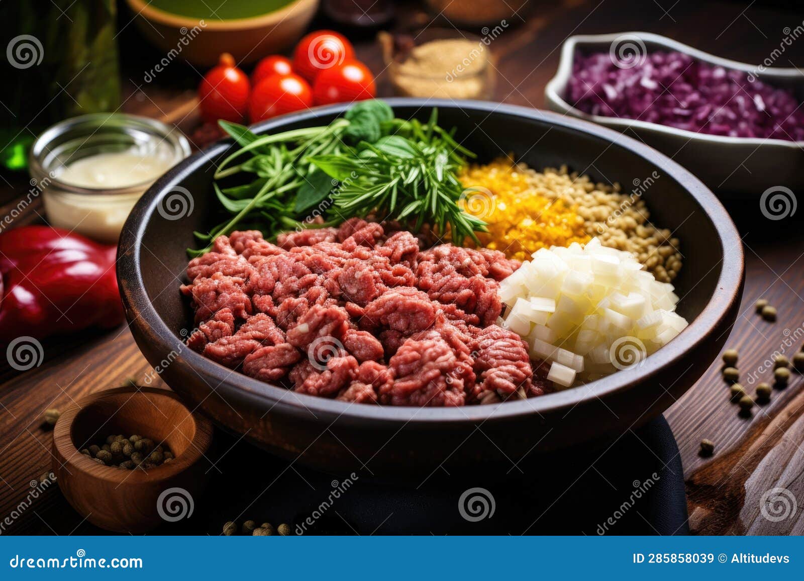 Mixing Ground Meat and Ingredients in Bowl Stock Illustration ...