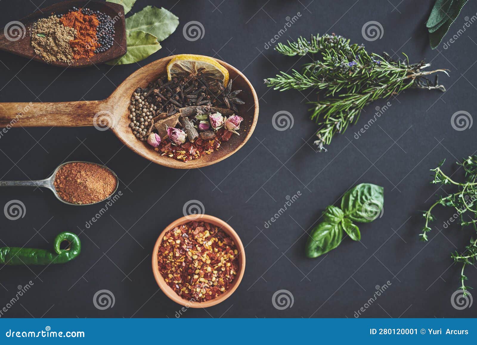 Mixing it Up in the Kitchen. High Angle Shot of an Assortment of Herbs ...