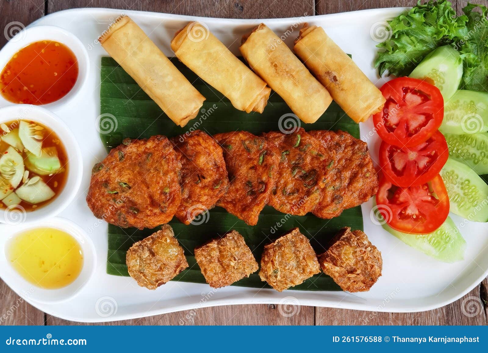 Mixture of Thai Appetizers with Deep-fried Spring Rolls Stock Photo ...