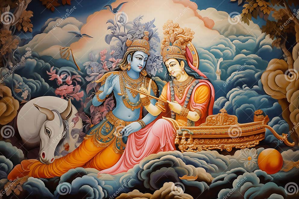 Divine Union: Lord Krishna and Radha Amidst Ethereal Clouds Stock Illustration - Illustration of ...