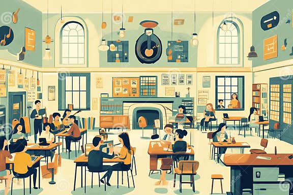 Vibrant Illustration of a Busy Library Interior with Readers at Tables ...
