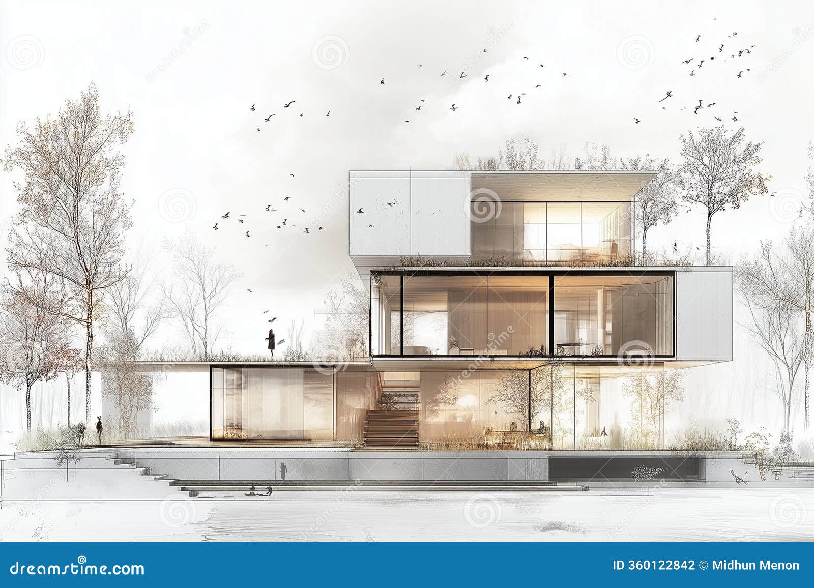 Architectural Rendering of a Modern House with Glass Walls and Rooftop ...