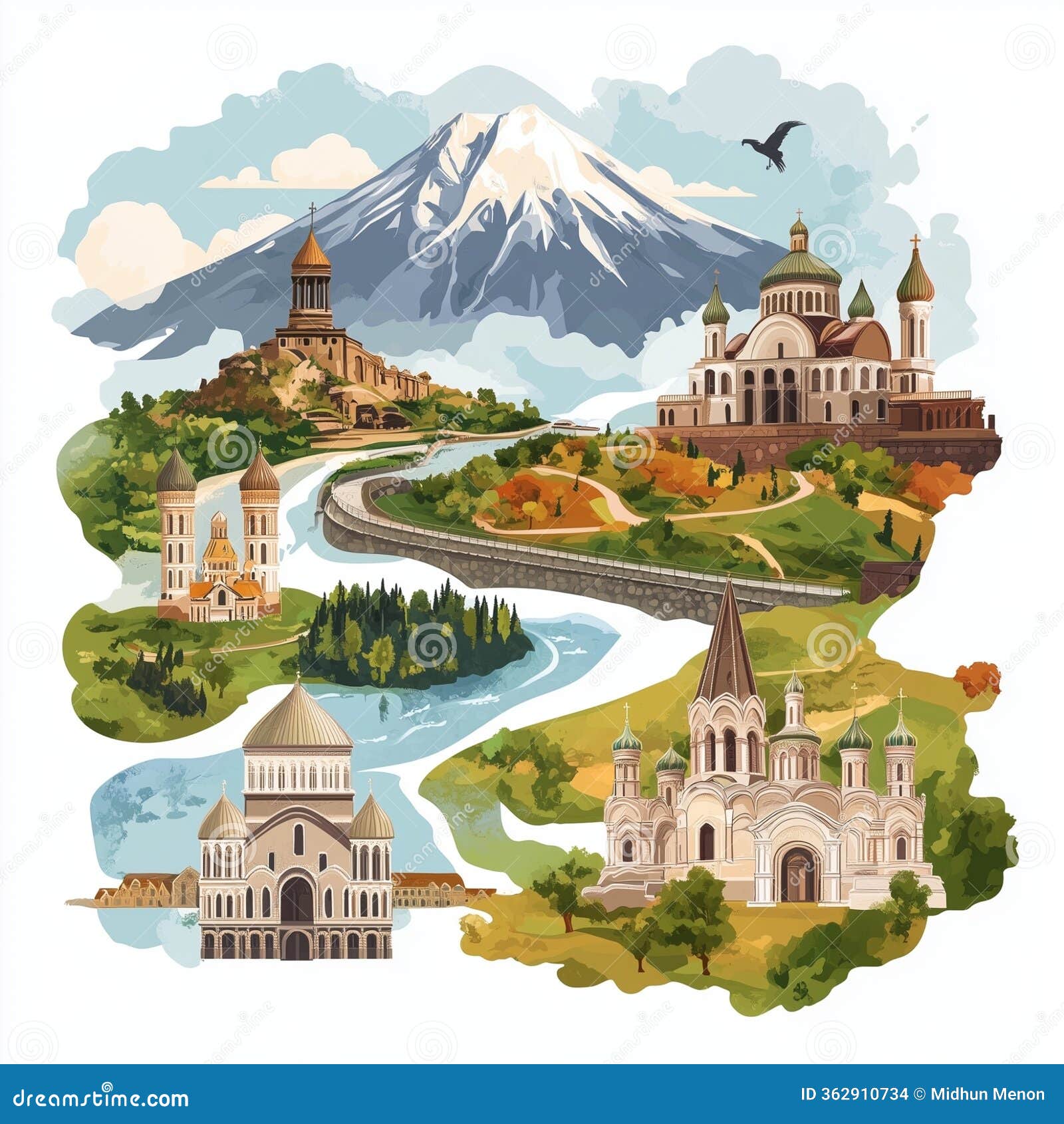 Churches Of Armenia. Sketch Of Ancient Old Armenian Monastery On Shore ...