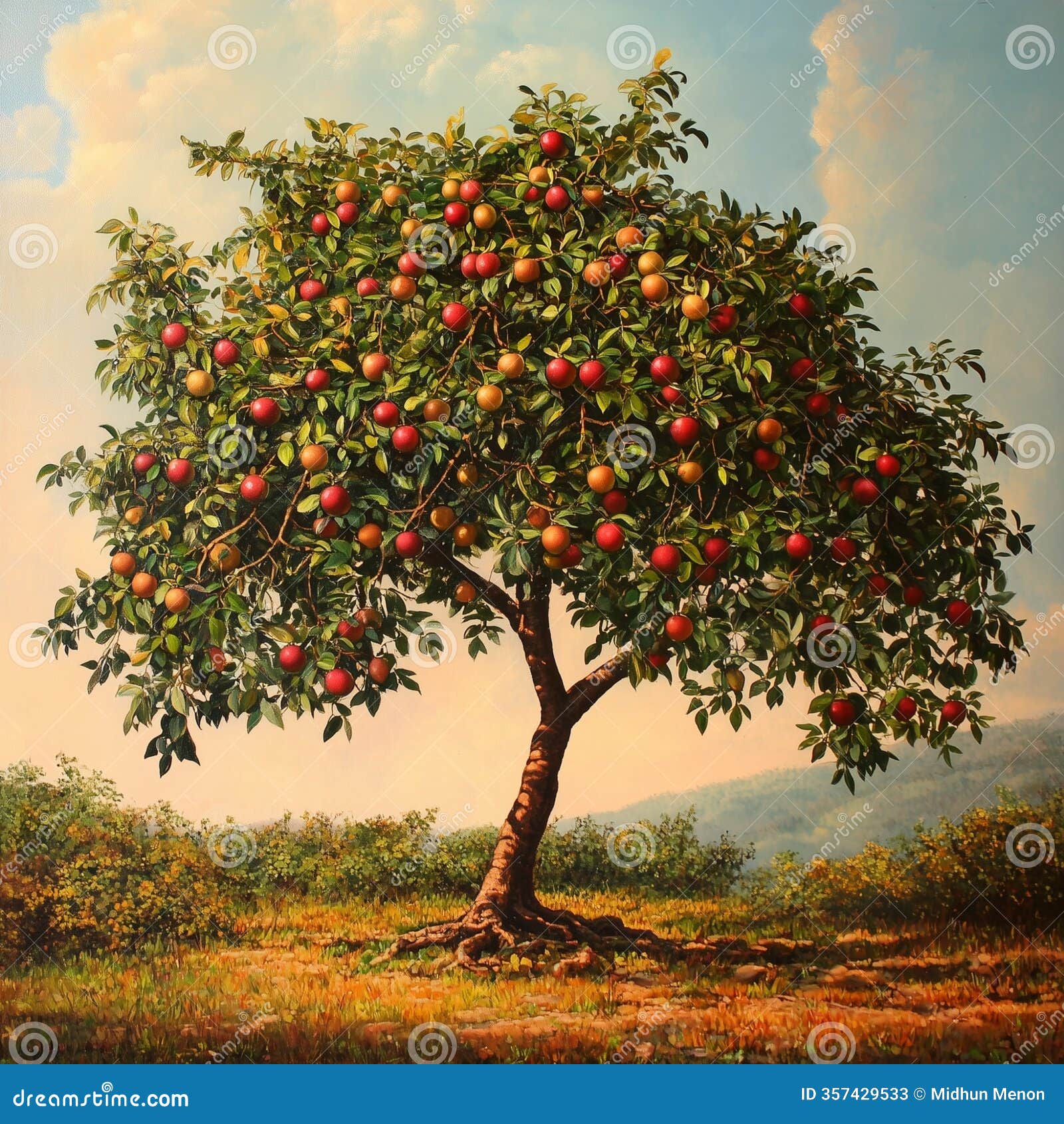 Ripe Guava Tree in Idyllic Landscape Stock Illustration - Illustration ...