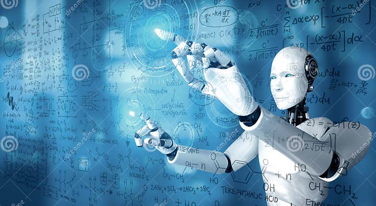 MLB AI Humanoid Robot Touch Screen of Mathematics Formula and Science ...