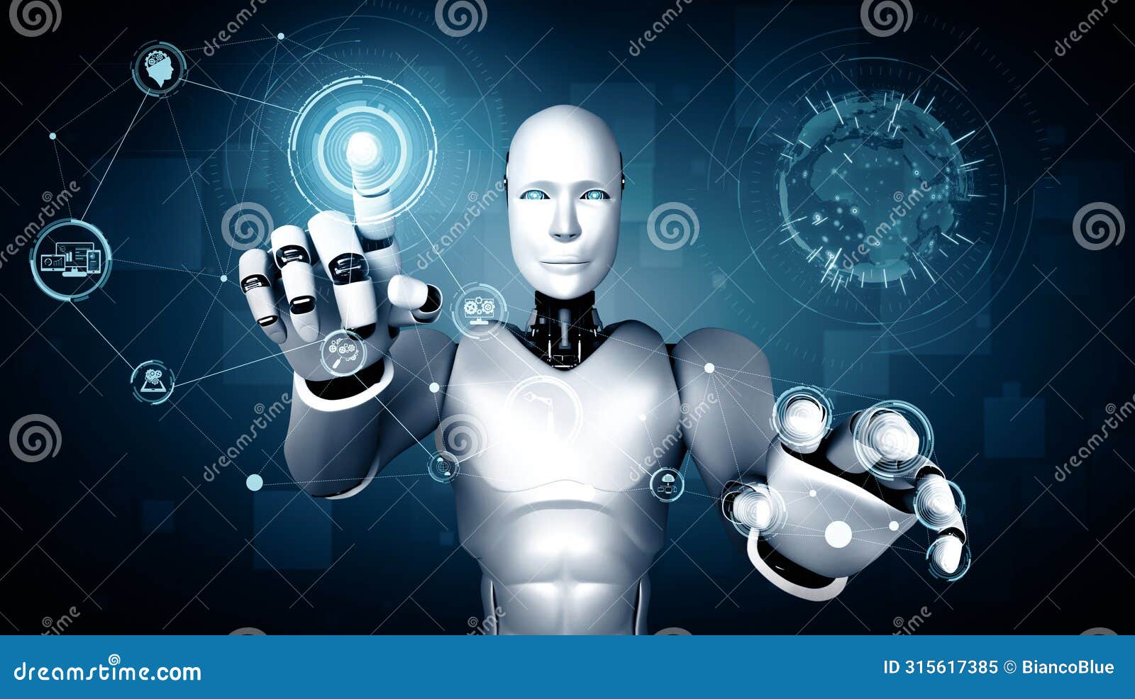 MLB AI Humanoid Robot Touching Hologram Screen Shows Concept of Global ...