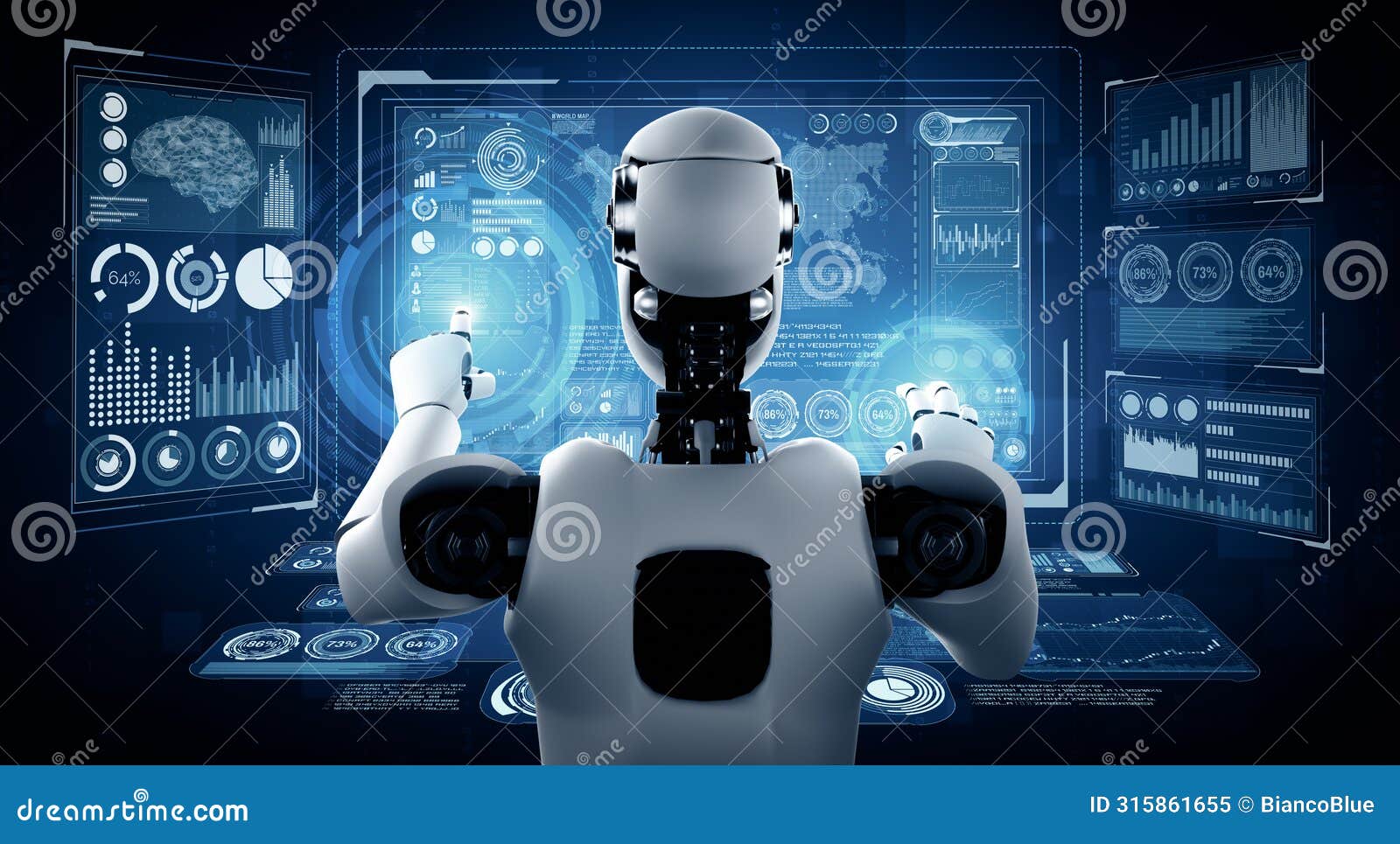 MLB AI Humanoid Robot Touching Virtual Hologram Screen Showing Concept ...