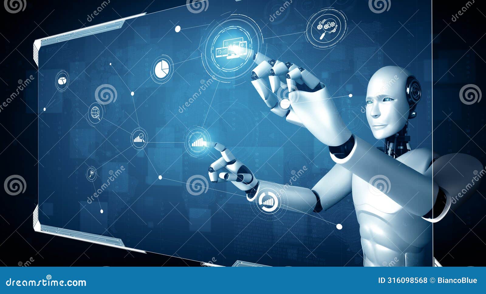 MLB AI Humanoid Robot Touching Virtual Hologram Screen Showing Concept ...