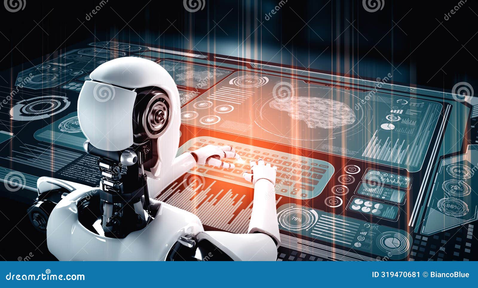 MLB Robot Humanoid Use Laptop and Sit at Table for Big Data Analytic ...