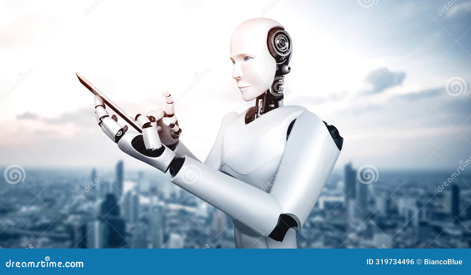 MLB Robot Humanoid Use Mobile Phone or Tablet in Future Office Stock ...