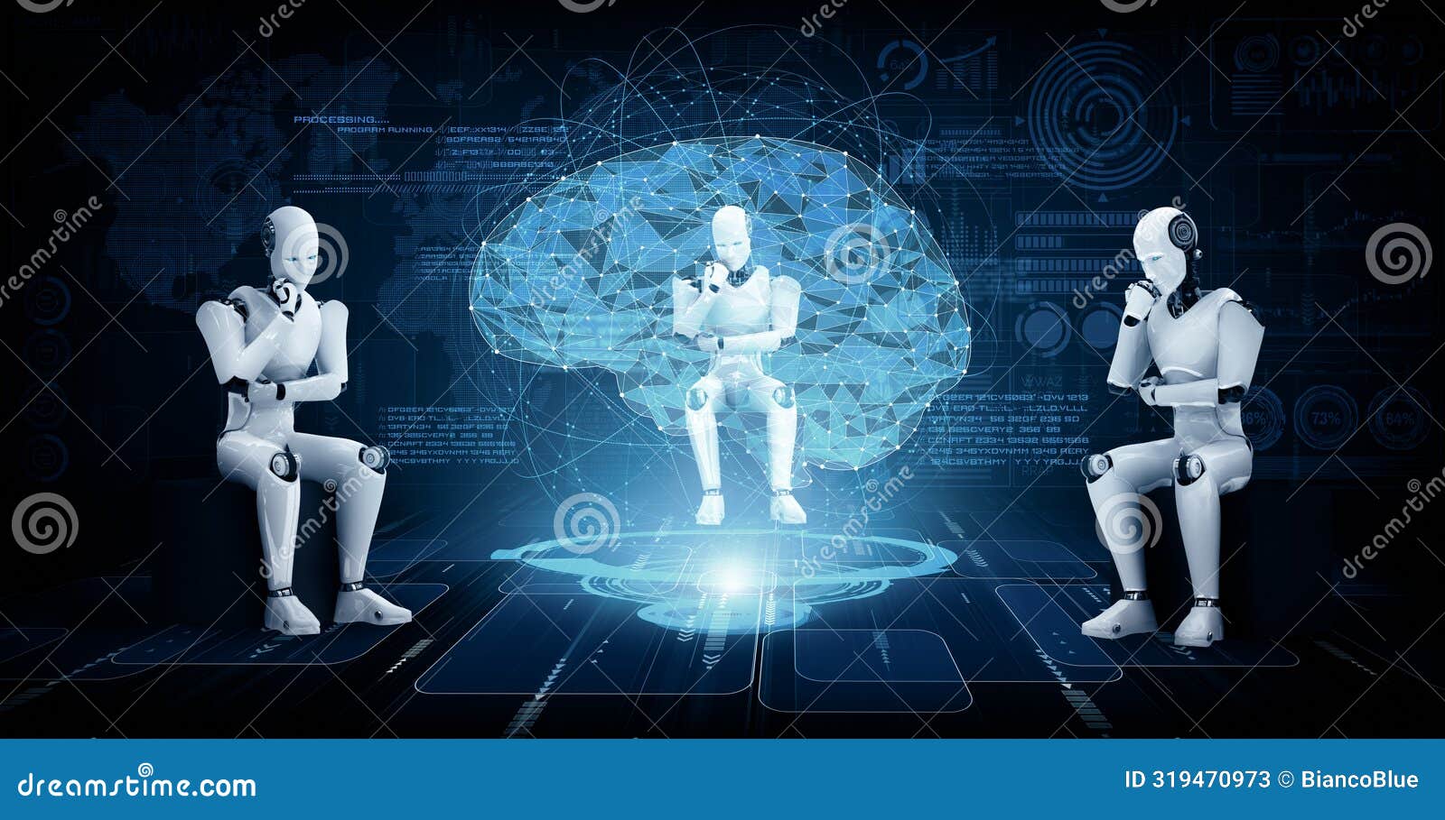 MLB Thinking AI Humanoid Robot Analyzing Hologram Screen Showing ...