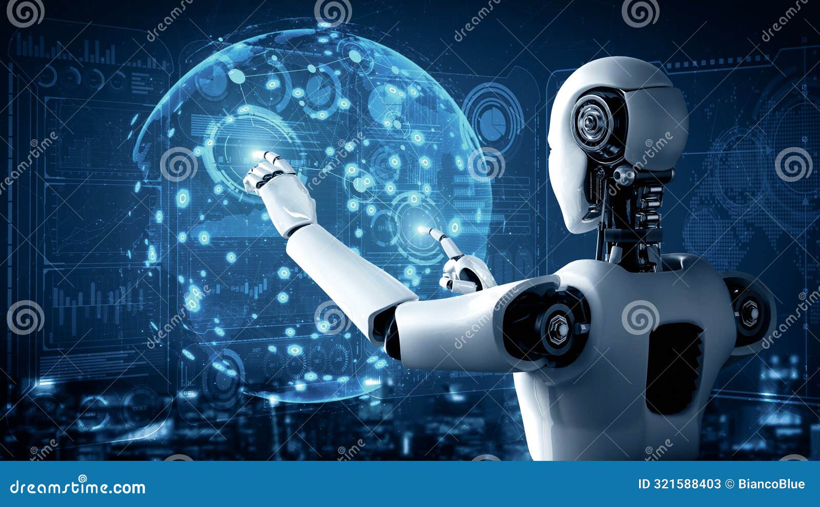 MLP AI Hominoid Robot Touching Hologram Screen Shows Concept of Global ...