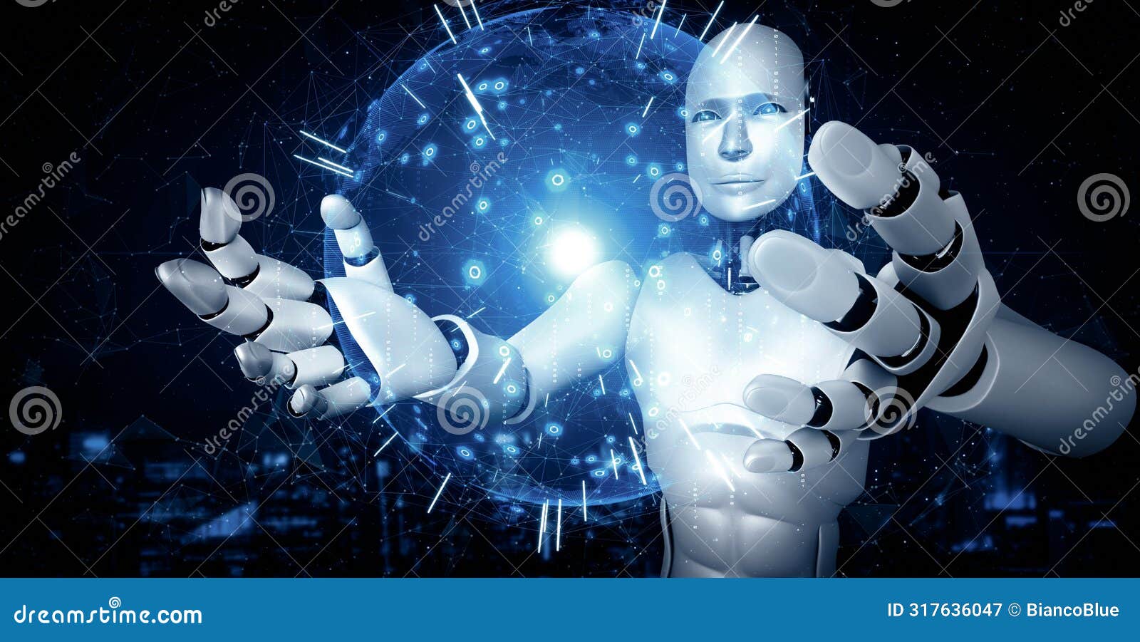 MLP AI Humanoid Robot Holding Hologram Screen Shows Concept of Global ...