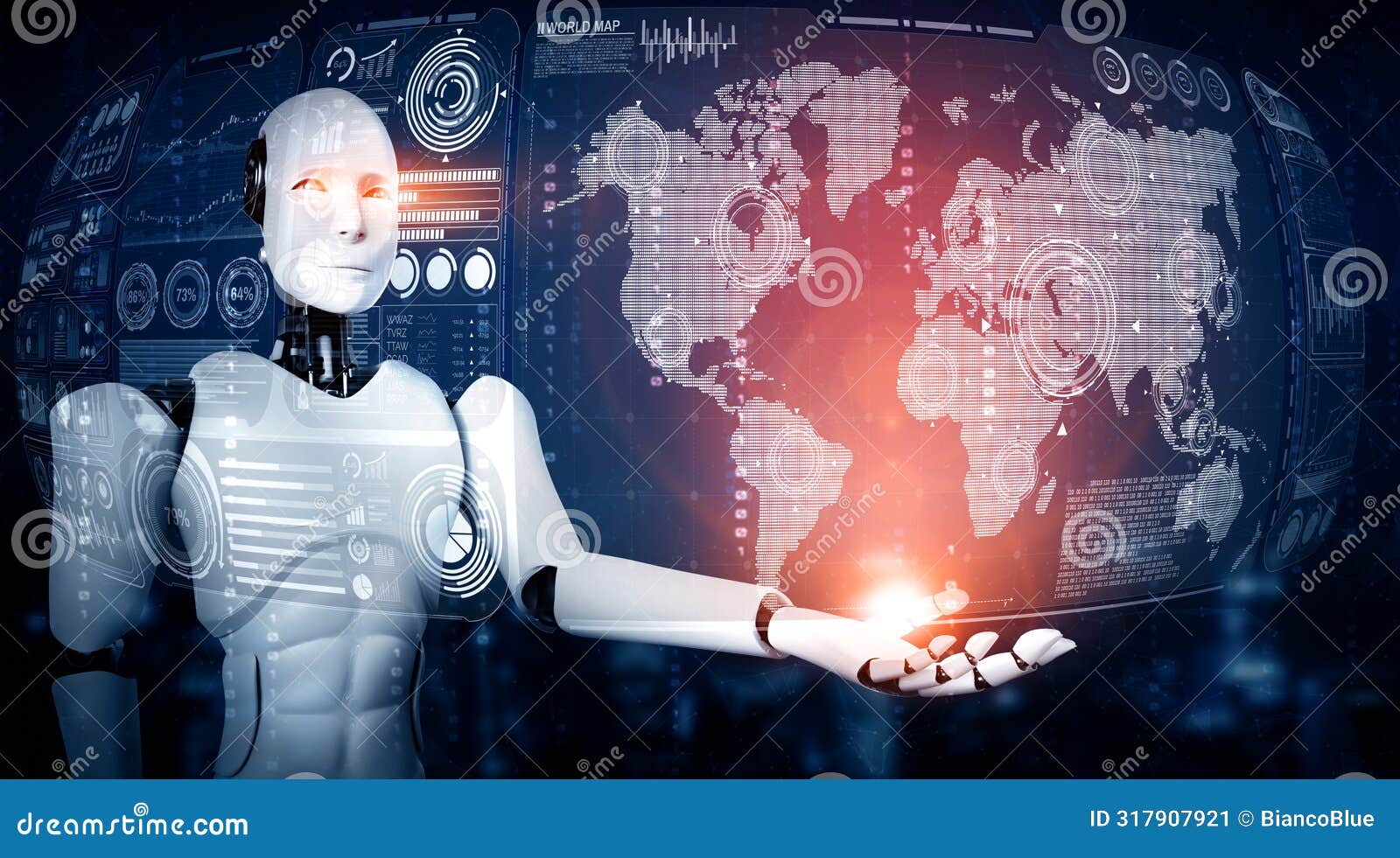 MLP AI Humanoid Robot Holding Hologram Screen Shows Concept of Global ...