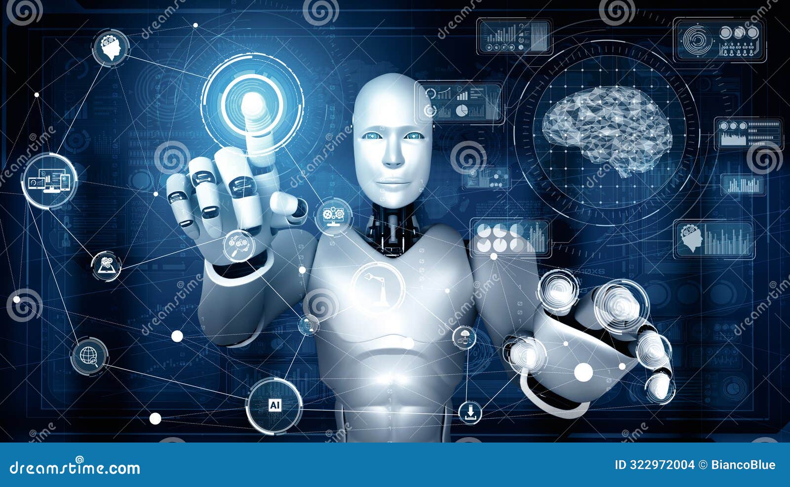 MLP AI Humanoid Robot Touching Virtual Hologram Screen Showing Concept ...