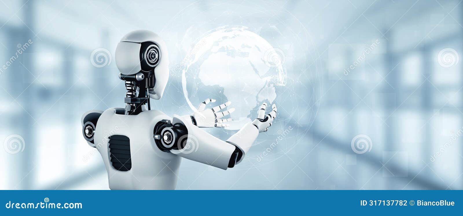 MLP AI Humanoid Robot Holding Hologram Screen Shows Concept of Global ...