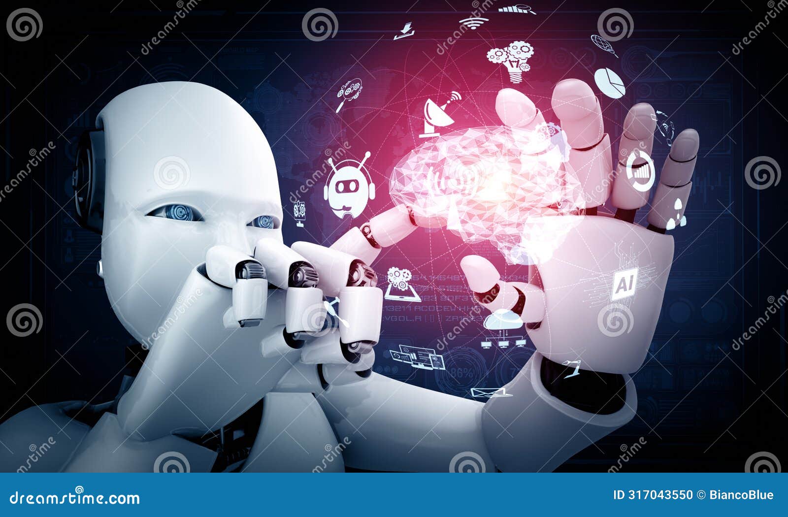 MLP Robot Humanoid Hold HUD Hologram Screen in Concept of AI Thinking ...