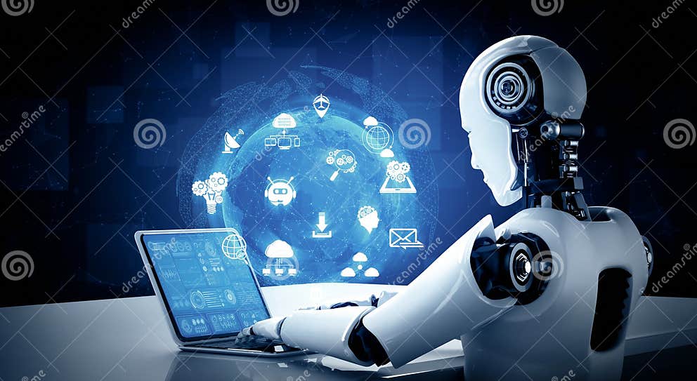 MLP Robot Humanoid Use Laptop and Sit at Table for Global Network ...