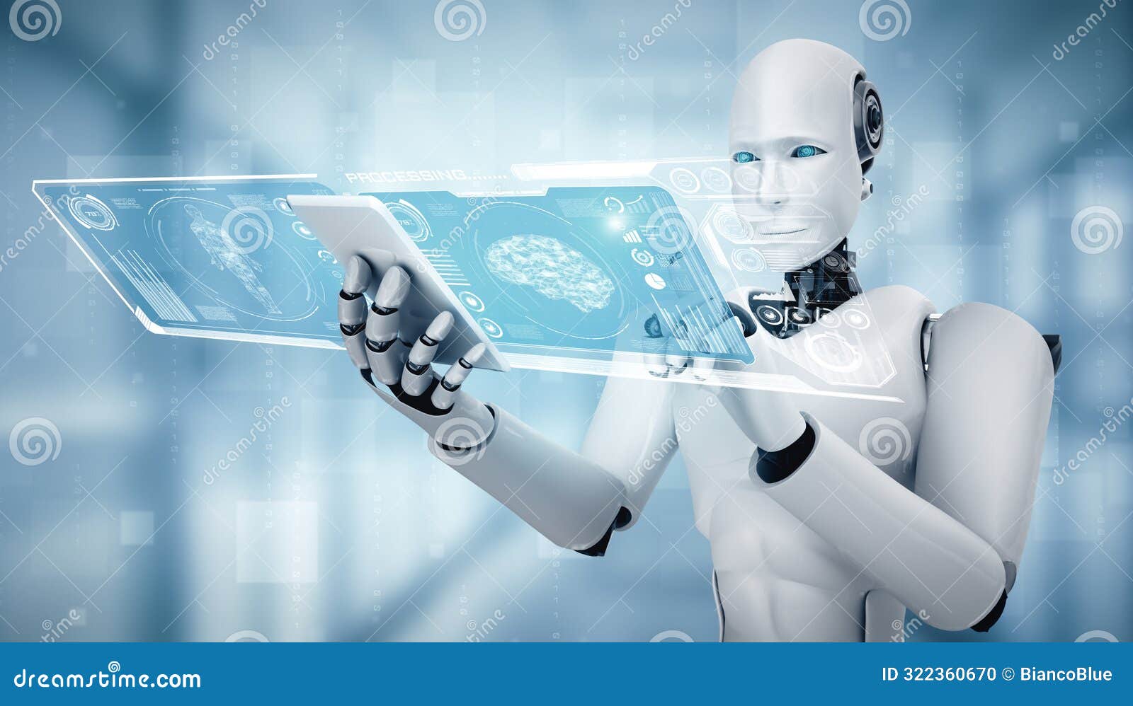 MLP Robot Humanoid Use Mobile Phone or Tablet in Concept of AI Thinking ...