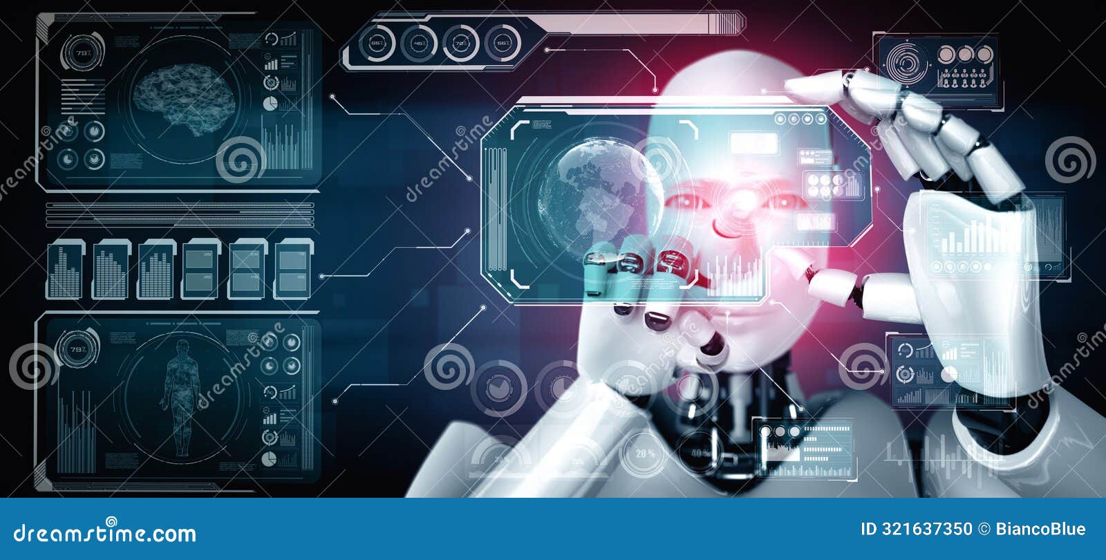 MLP Robot Humanoid Hold HUD Hologram Screen in Concept of AI Thinking ...