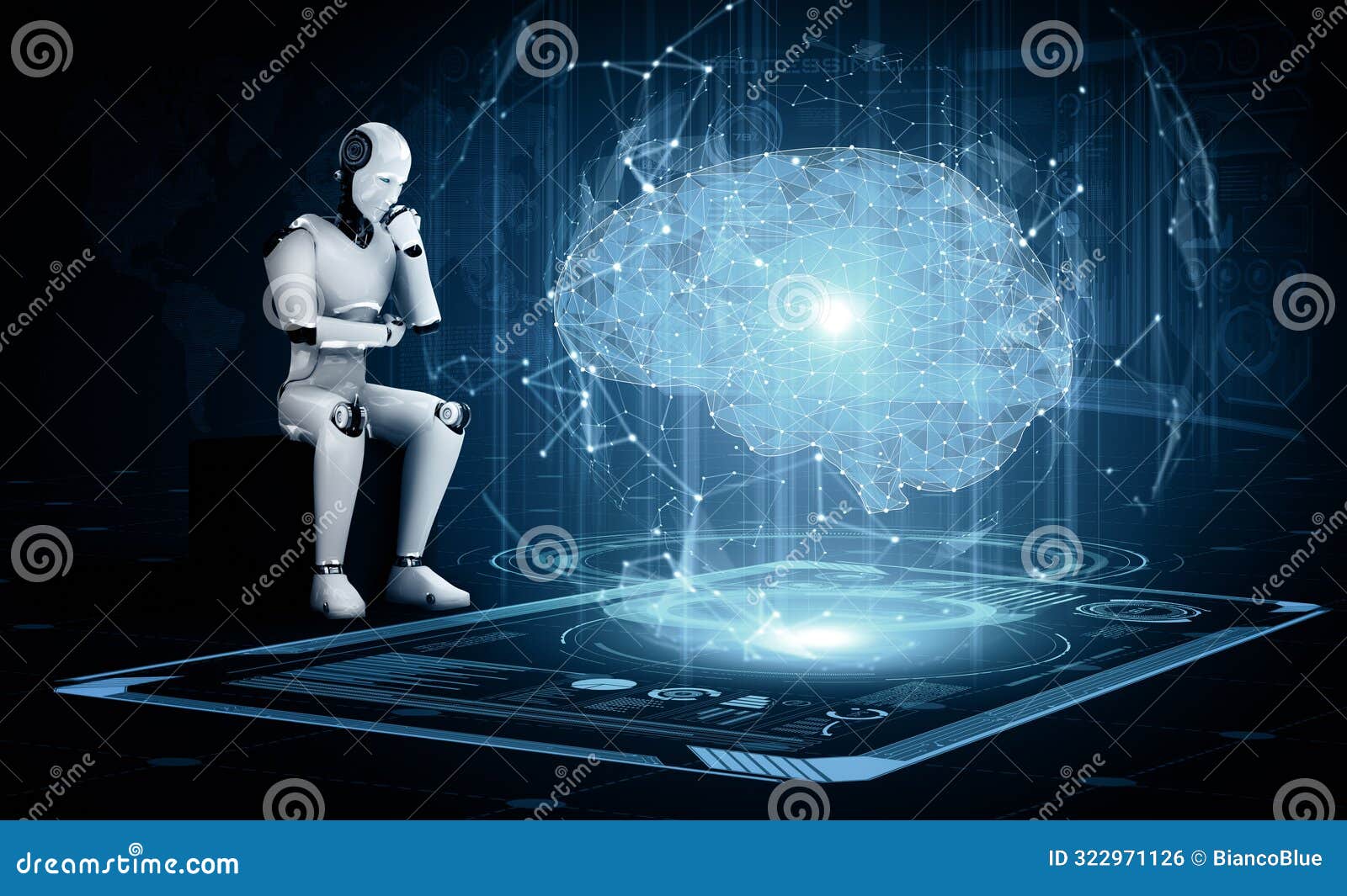 MLP Thinking AI Humanoid Robot Analyzing Hologram Screen Showing ...