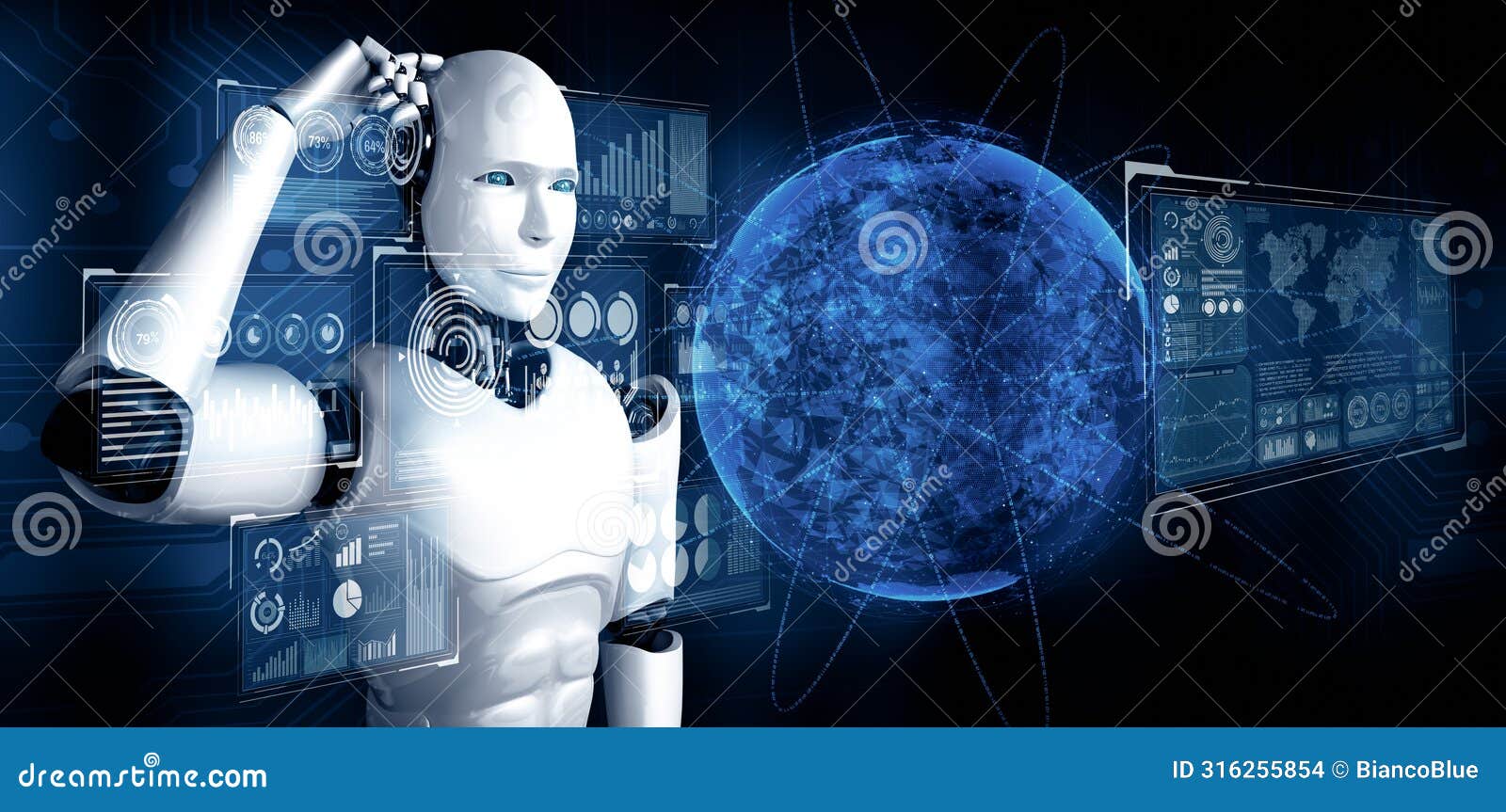 MLP Thinking AI Humanoid Robot Analyzing Hologram Screen Shows Concept ...