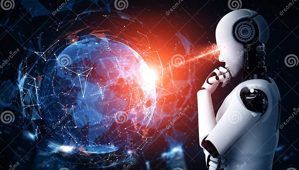 MLP Thinking AI Humanoid Robot Analyzing Hologram Screen Shows Concept ...