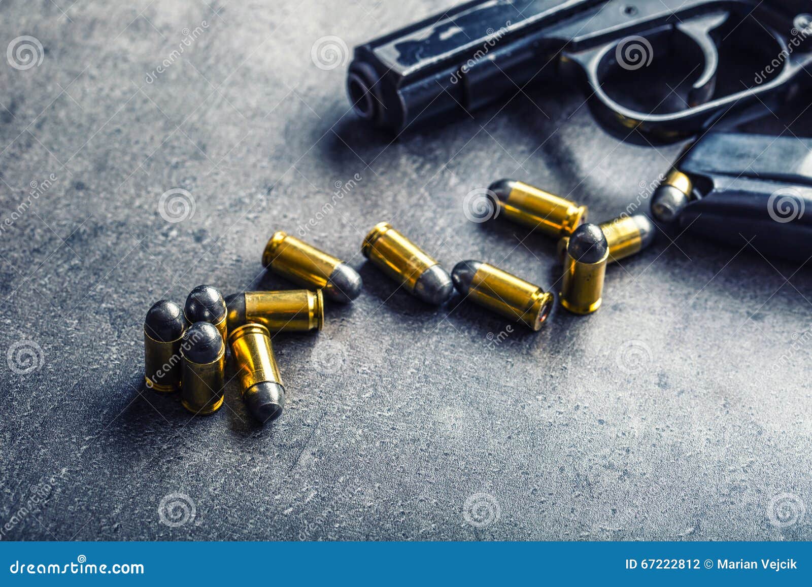 9 Mm Pistol Gun and Bullets Strewn on the Table Stock Photo - Image of ...