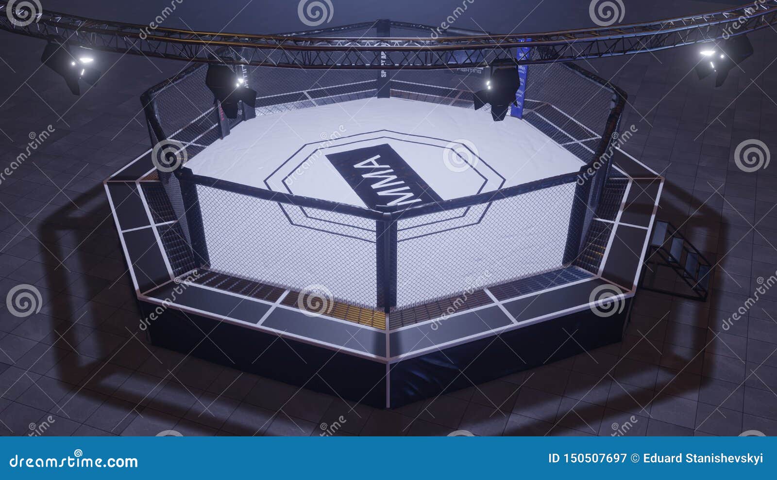 Mma Arena. Empty Fight Cage Under Lights. 3D Rendering Stock ...