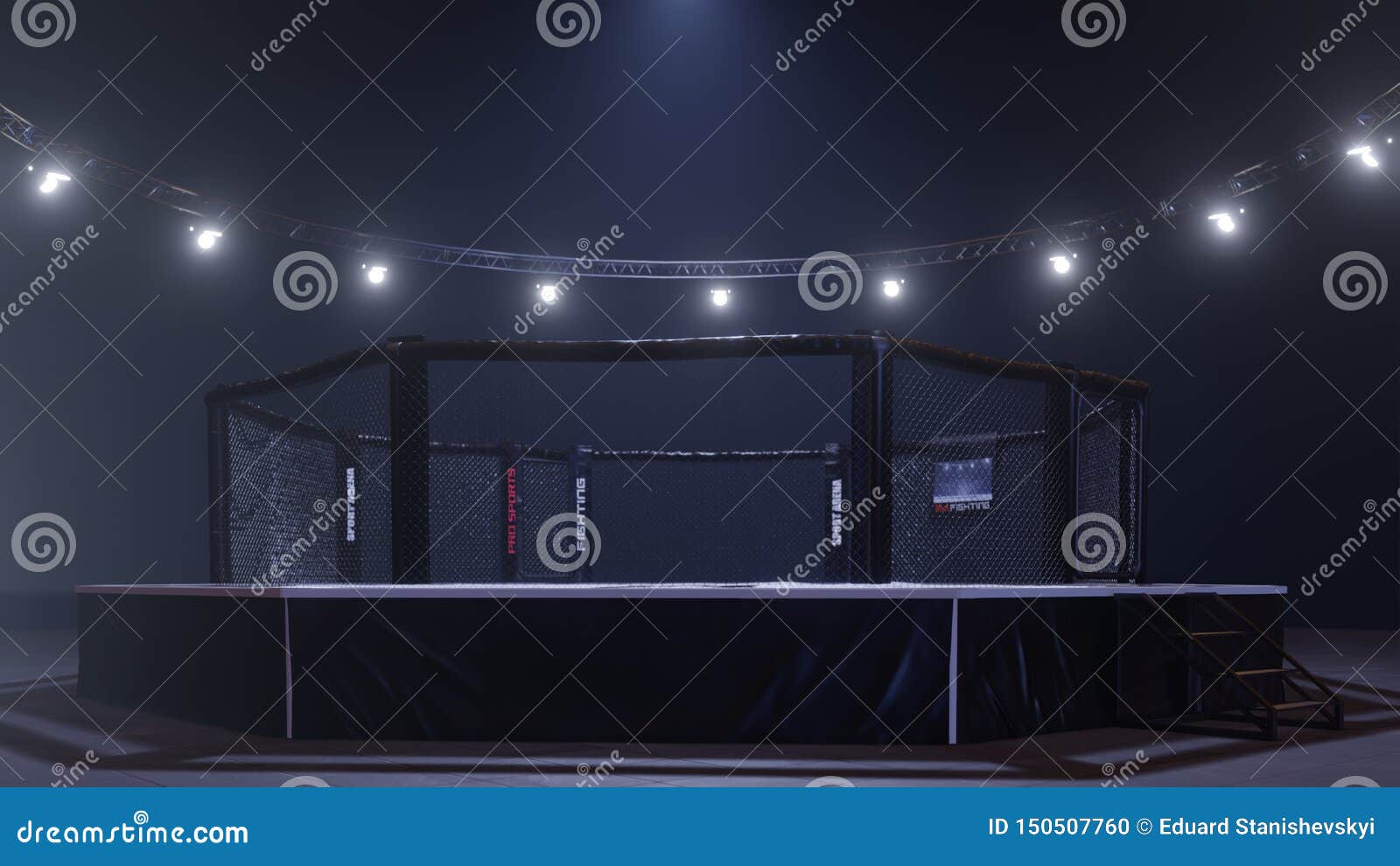 Mma Arena. Empty Fight Cage Under Lights. 3D Rendering Stock ...