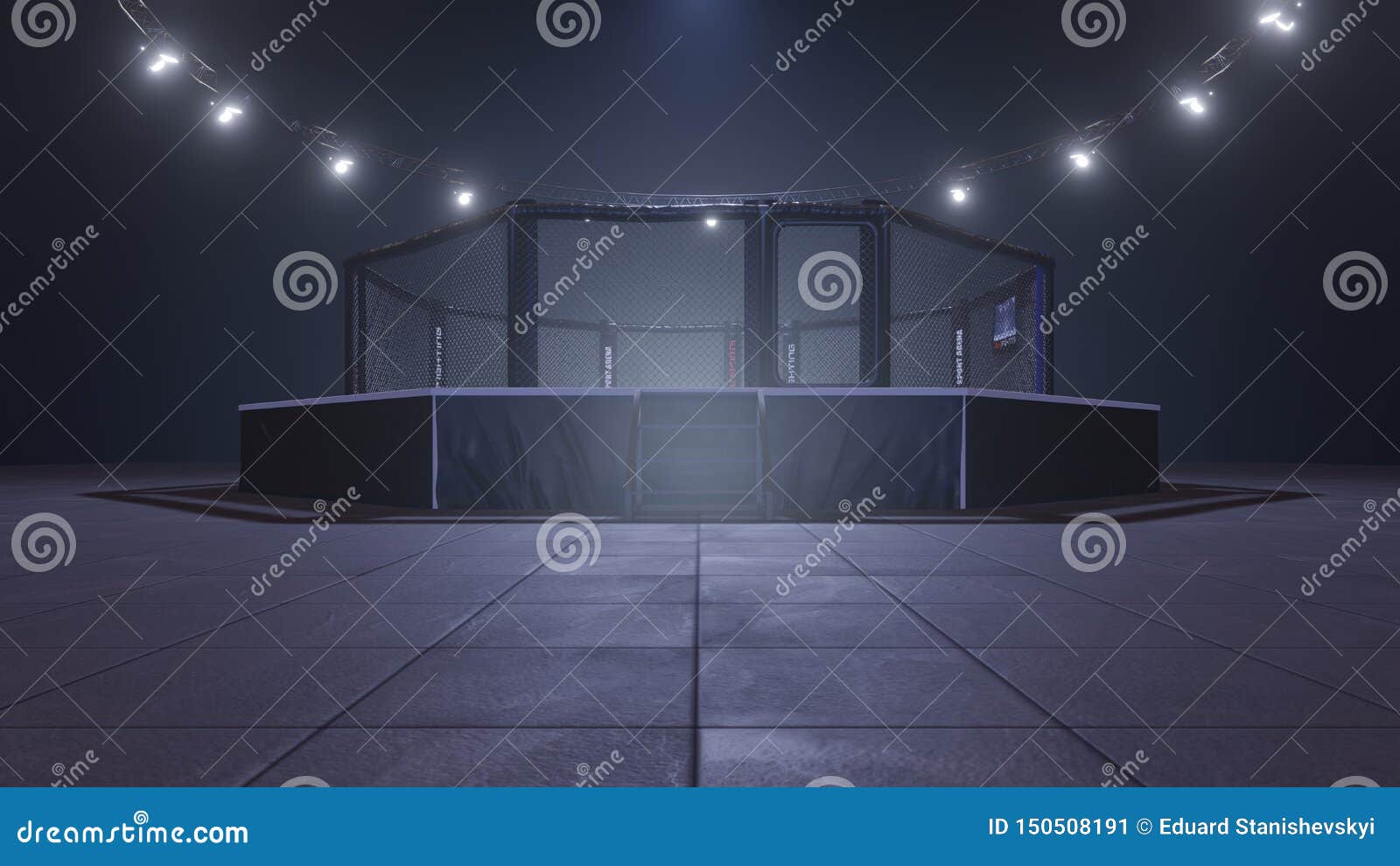 Mma Arena. Empty Fight Cage Under Lights. 3D Rendering Stock ...